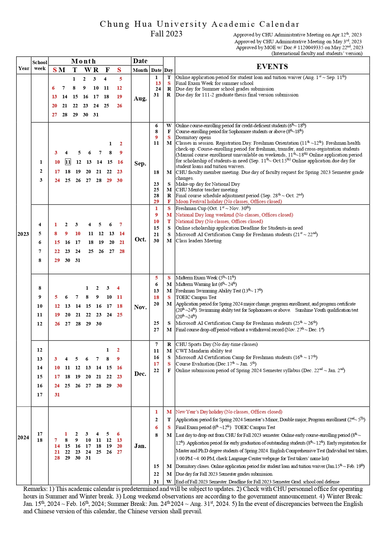 行事曆 - 中華大學 Chung Hua University